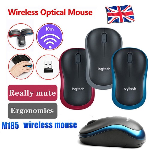 Logitech M185 Wireless Optical Mouse + USB Receiver Fit Compact PC ...