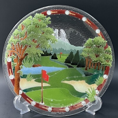 Peggy Karr Fused Glass GOLF COURSE Tee Ball Trees Large Platter 14" | eBay