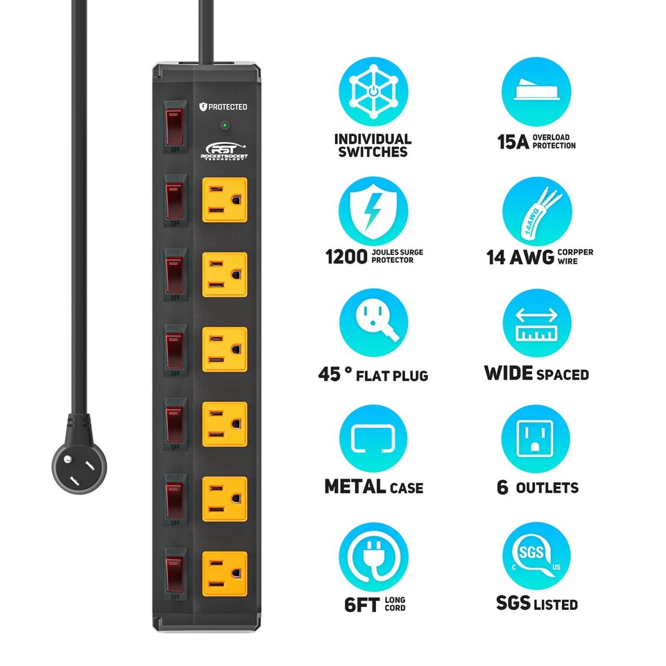 Power Strip Surge Protector with Safety Case 15A Power Strips with ...
