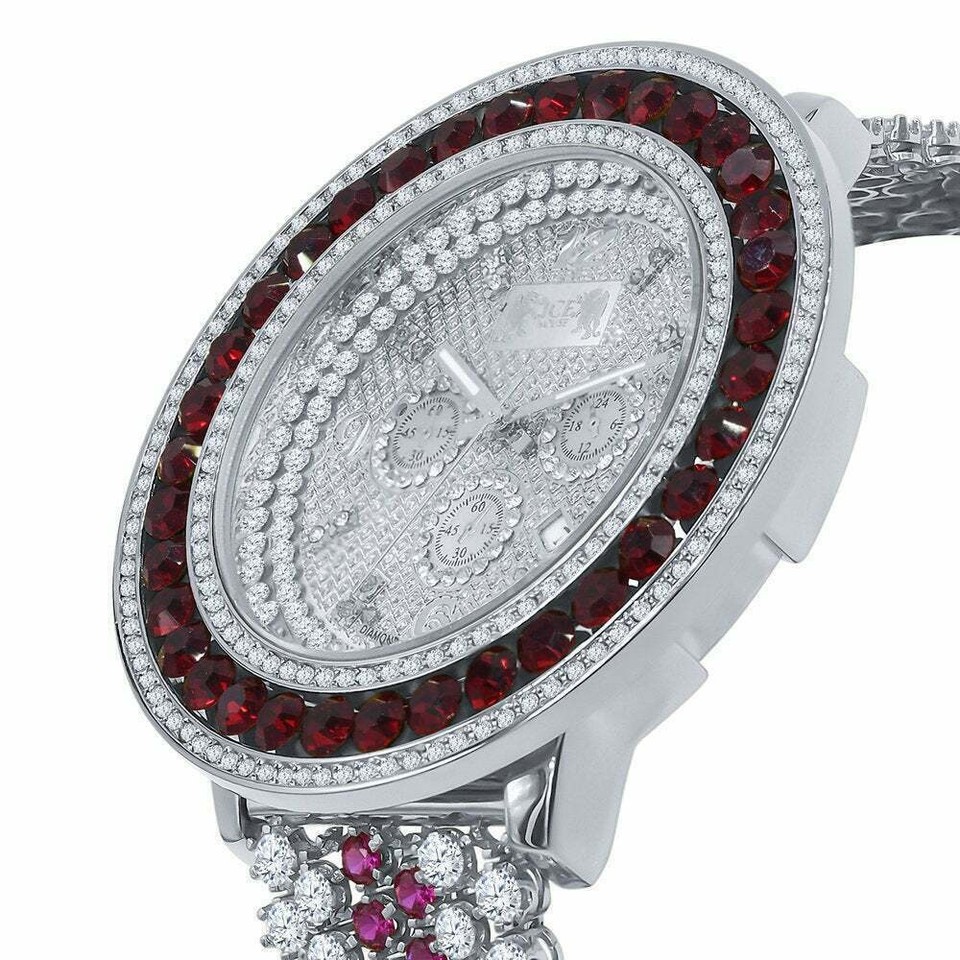 Men's Ruby Red Watch 14K Gold Finish Genuine Diamond XXL Dial Khronos ...