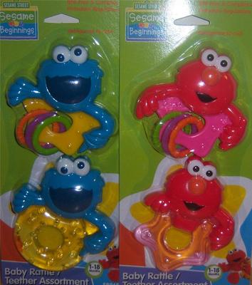 Sesame Street 2PK Rattle with Rings & Teether, ELMO, COOKIE MONSTER ...