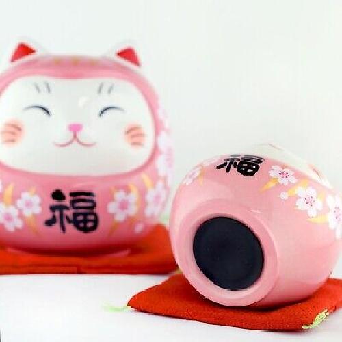 Japan Cherry blossom Pink Luck Cat Daruma figurine Ceramic Ornament ...