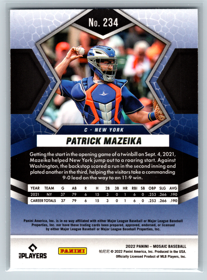 Patrick Mazeika 2022 Panini Mosaic RC #234 New York Mets Rookie | eBay
