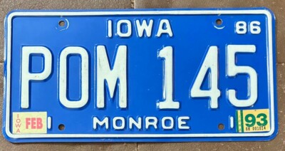 Iowa 1993 MONROE COUNTY License Plate # POM 145 | eBay