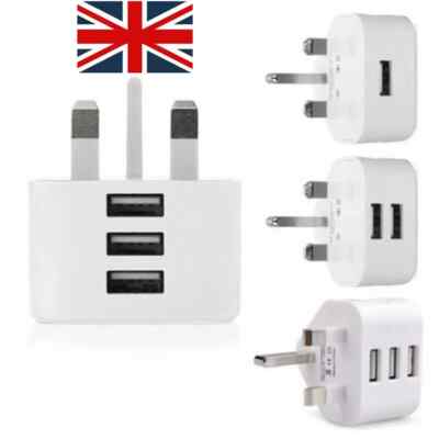 UK Mains 3 Pin Plug Adapter Wall Charger 1/2/3-Port Dual USB For Phones ...