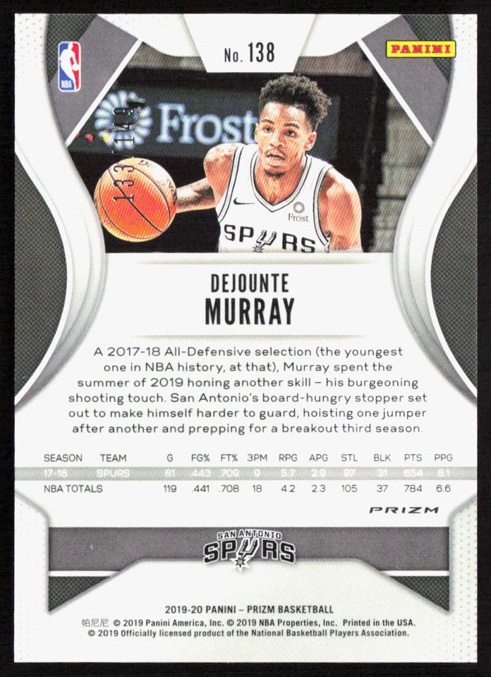 2019-20 Panini Prizm Dejounte Murray Purple Ice /149 #138 San Antonio ...