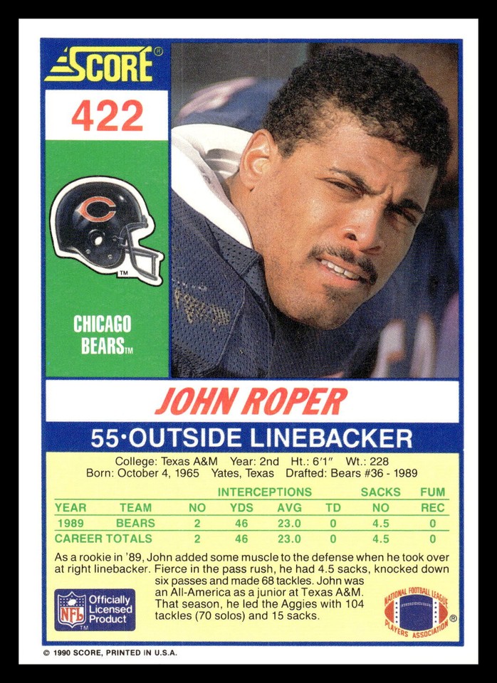 1990 Score #422 John Roper Chicago Bears RC Football Card NM | eBay