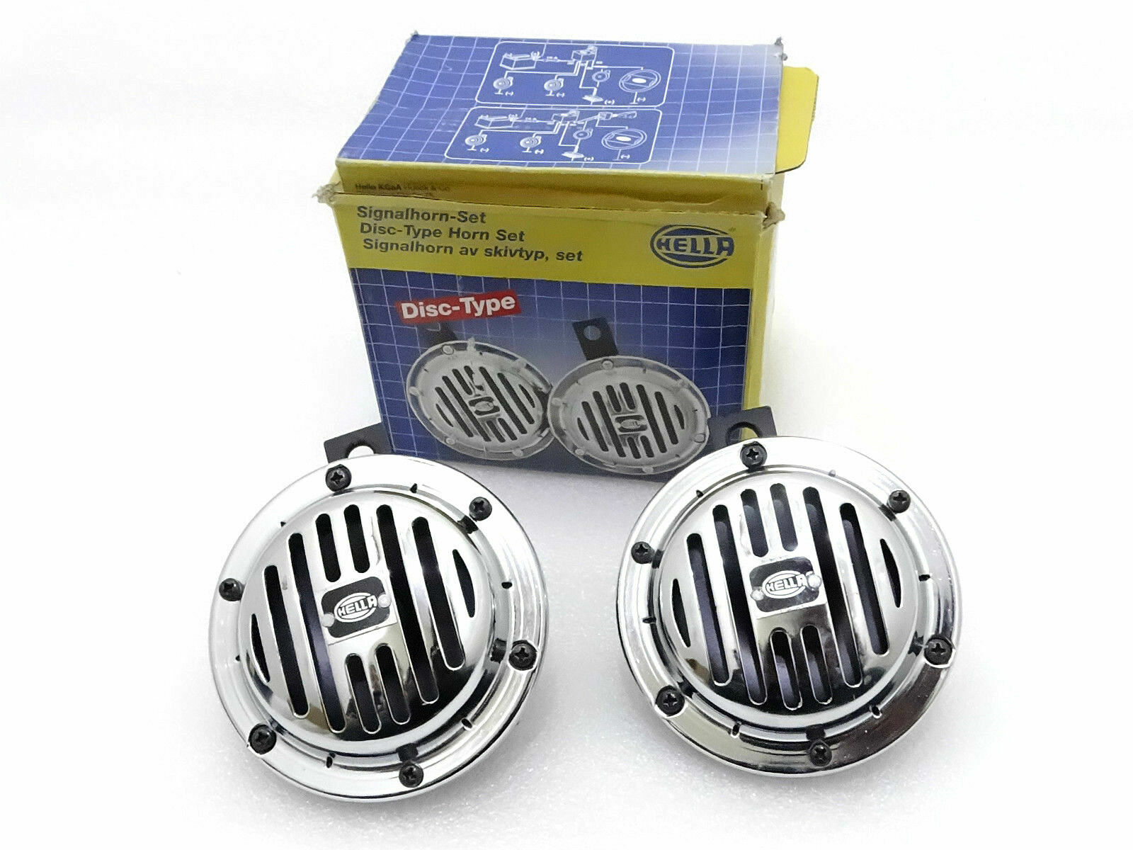 HELLA CHROME DISC TYPE HORN SET 12V PAIR | eBay