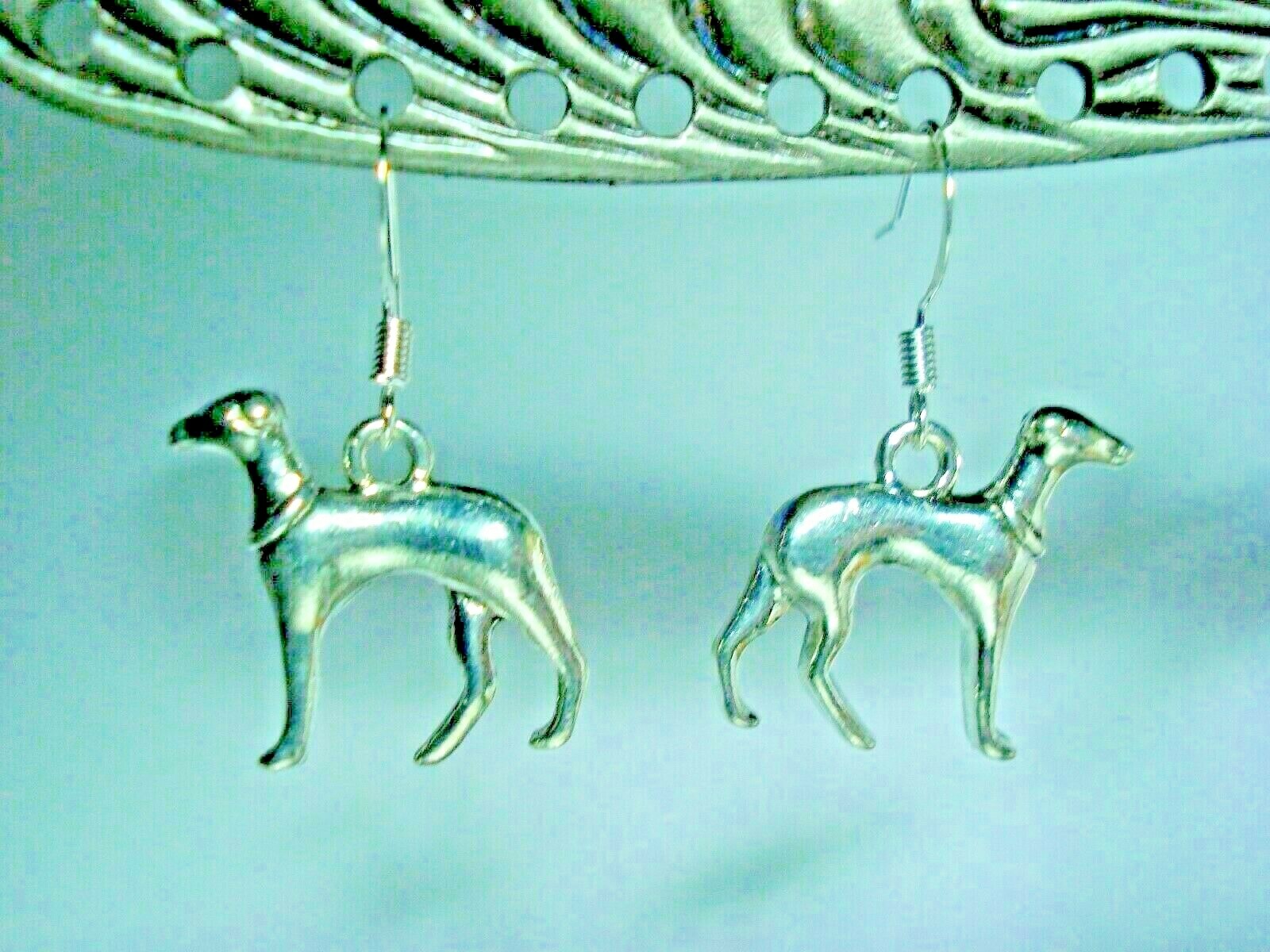 1 1/4" Drop Dangle 2-sided Greyhound Silver Plated Earrings on SP Ear ...