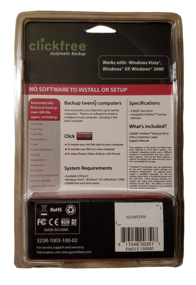 Clickfree 320GB Automatic Backup External USB Hard Drive - HD325R | eBay