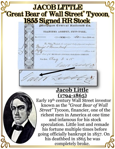 JACOB LITTLE “Great Bear of Wall Street” Tycoon, Signed RR Stock 1855 ...