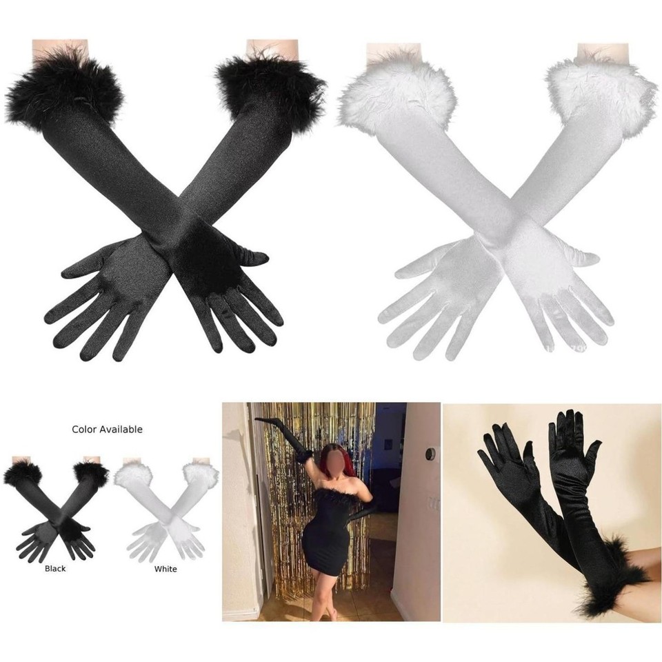 Women Long Satin Gloves Vintage Feather Split Finger Winter Event ...