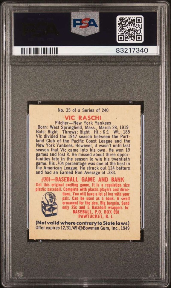 1949 Bowman #35 Vic Raschi PSA 6 RC Rookie Yankees (7340) | eBay