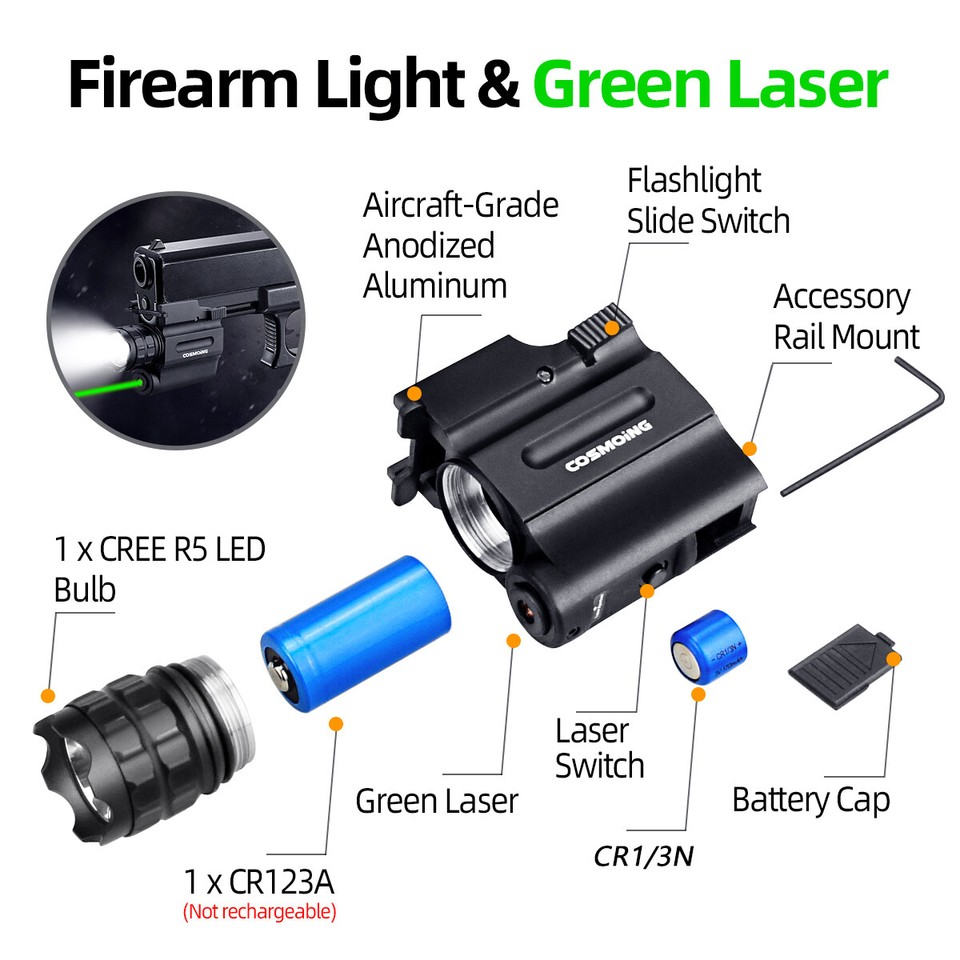 Compact 600 Lumens Green Red Laser Gun Weapon Pistol Light LED ...