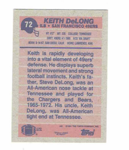 Keith DeLong SF 49ers ILB #72 Topps 1991 Football Card | eBay