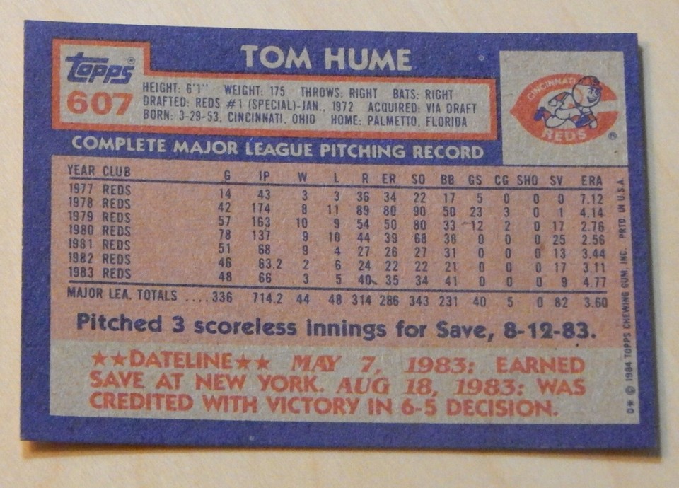 1984 Topps Cincinnati Reds Tom Hume # 607 Baseball Card - Near Mint ...