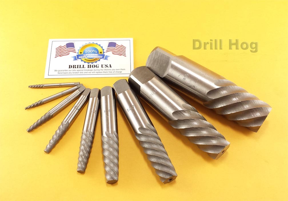 9 Pc Jumbo Spiral Easy Out Set Round Screw Extractor Drill hog Lifetime ...