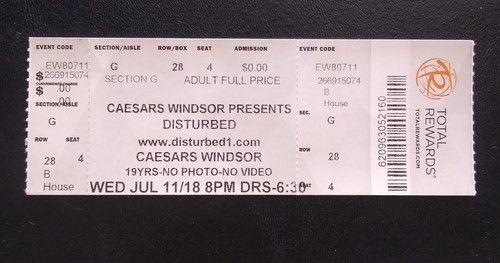 Disturbed Concert Ticket Stub July 11 2018 Caesars Casino Windsor ...