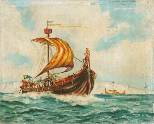 VINTAGE ORIGINAL 1943 VIKING LONGSHIP PAINTING VIKINGS ILLUSTRATION ...