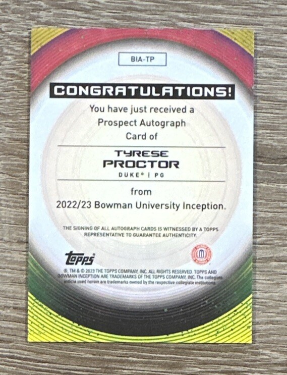 TYRESE PROCTOR 2022-23 Bowman University Inception GOLD FOIL BIA-TP ...