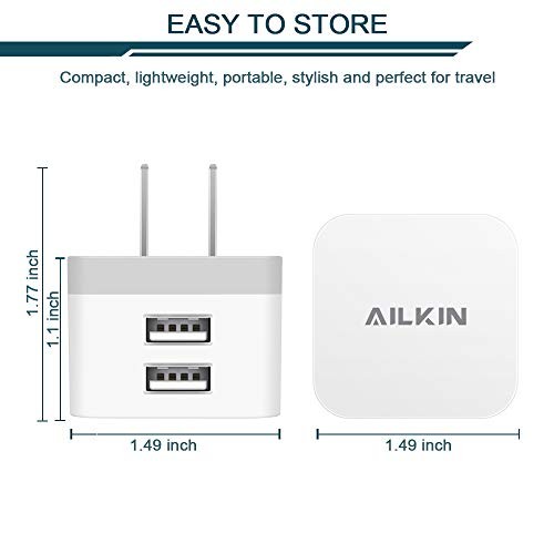 2Pack USB Wall Charger Plug, AILKIN 2.4A Dual Port Adapter Power White ...