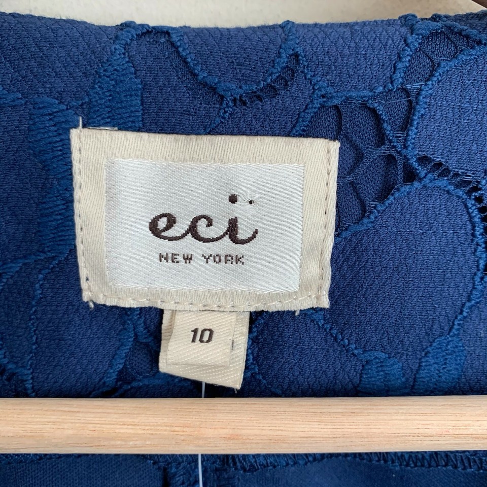 ECI New York Womens Jacket Blue V-Neck Lace 3/4 Sleeve Hook Lined Size ...