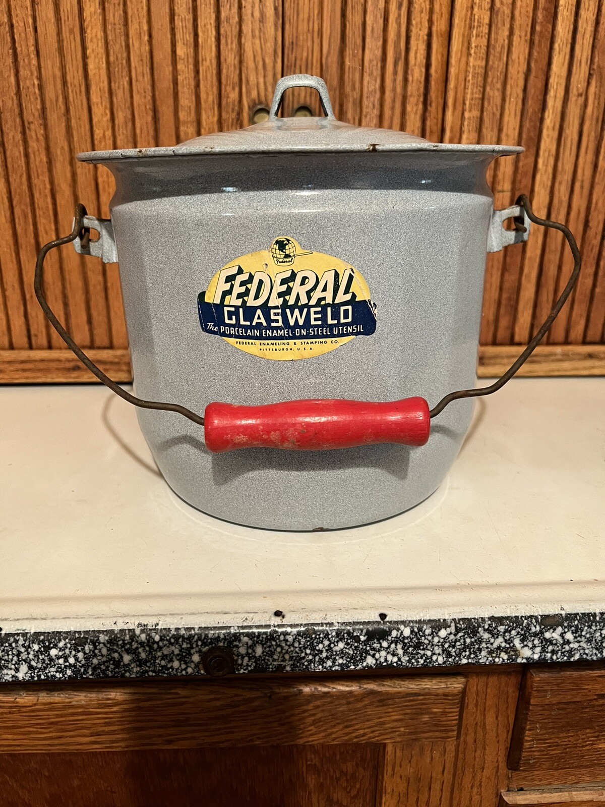 Antique Blue Grey Enamelware Chamber Pot & Lid w/ Red Wood Handle ...