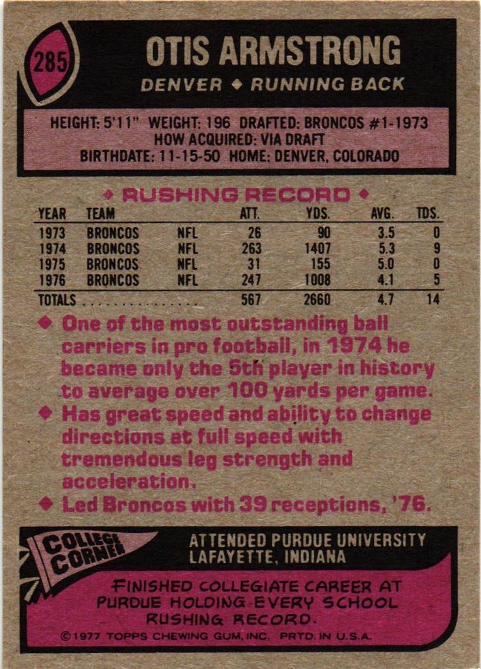 1977 Topps #285 Otis Armstrong | eBay
