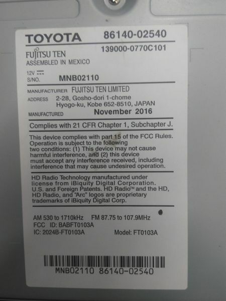 2017 2018 2019 Toyota Corolla Radio Display Receiver 100638 OEM 86140 ...