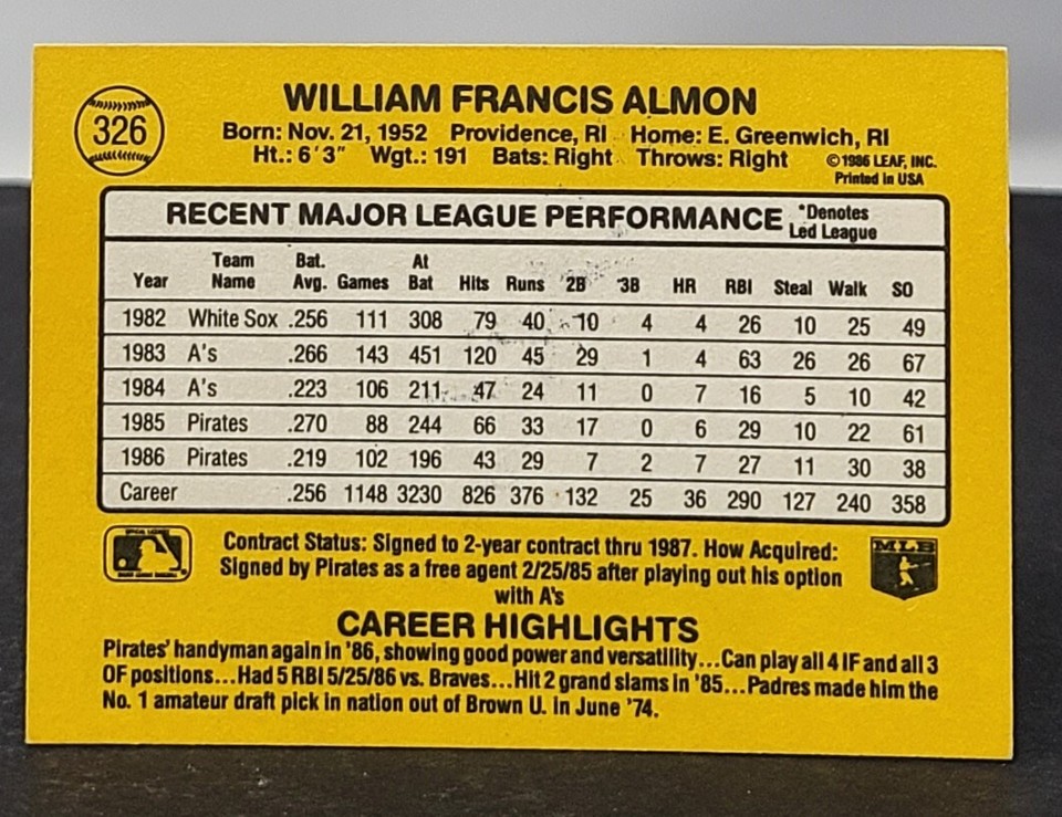 BILL ALMON Signed 1987 Donruss Baseball Cards #188 326 Pittsburgh ...