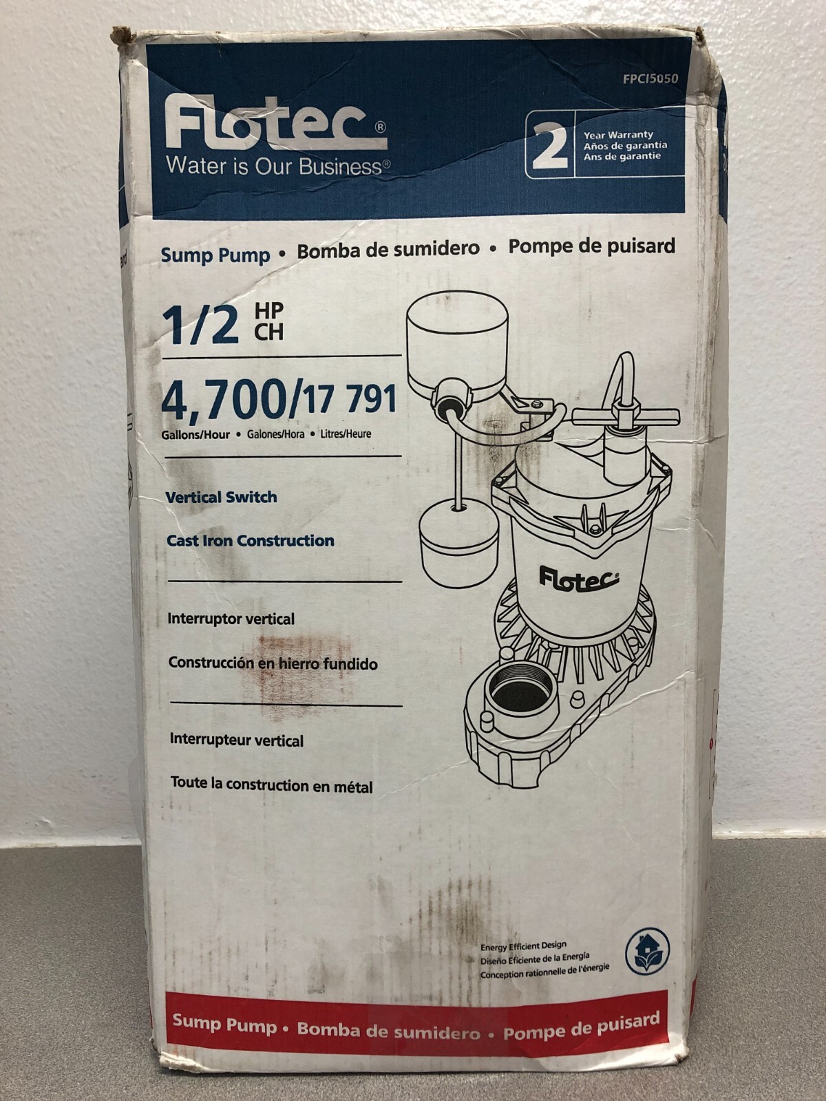 Flotec 1/2 HP 4,700 gph Zinc Vertical Float Switch AC Submersible Sump ...