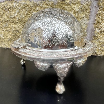 Vintage Silver Plated Caviar Butter Dish Roll Top Globe Dome Footed Mid ...