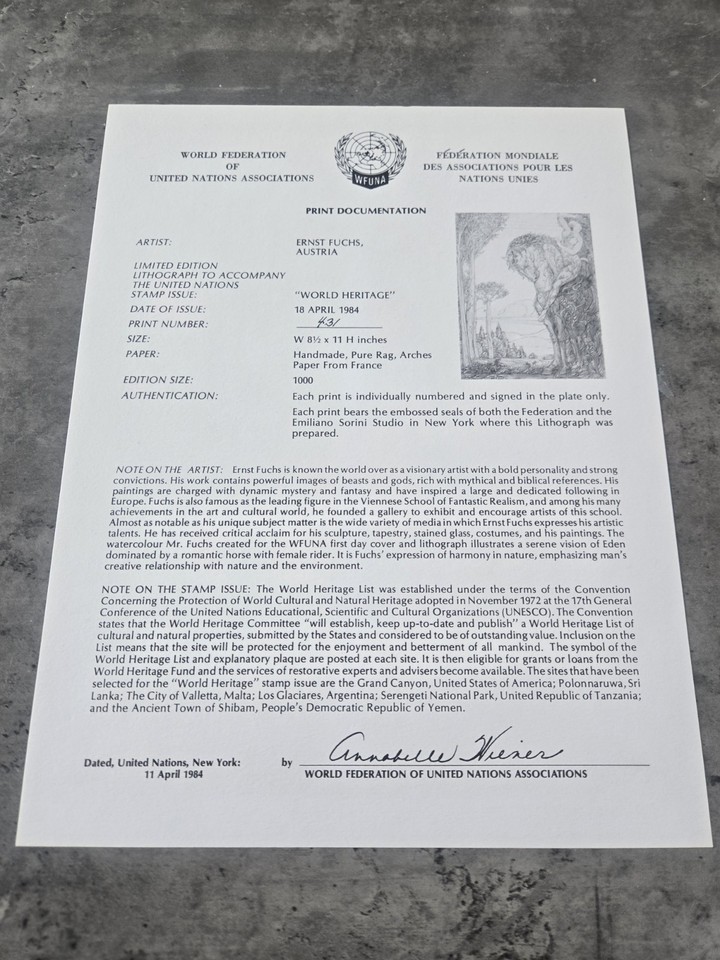 ERNST FUCHS 1984 WFUNA SIGNED IN THE PLATE LITHOGRAPH 431/1000 UNITED ...
