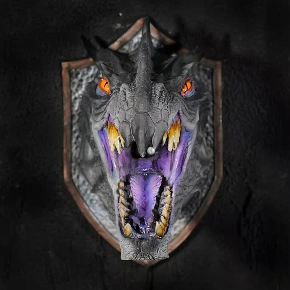 3D Dragon Head Wall Mounted Sculpture LED Smoke Dinosaur Home Decor ...