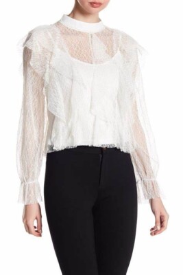 GRACIA Blouse M HIGH NECK LACE FLORAL Sheer Ivory Zip Long Sleeves Top ...