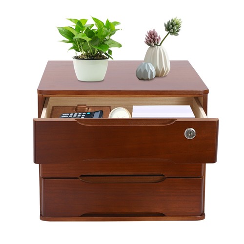 3-Tier File Cabinet Organizer Walnut Desktop Storage Box with Lockable ...