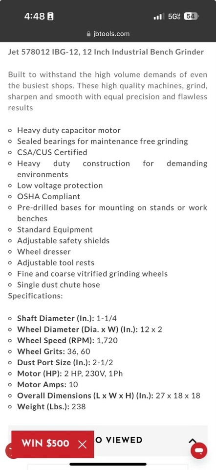 JET 578412 230V 12 inch Bench Grinder 731325808063| eBay