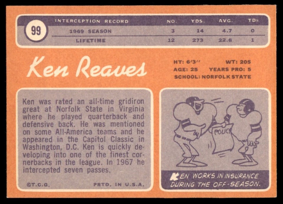 1970 Topps Football Ken Reaves RC Atlanta Falcons #99 | eBay
