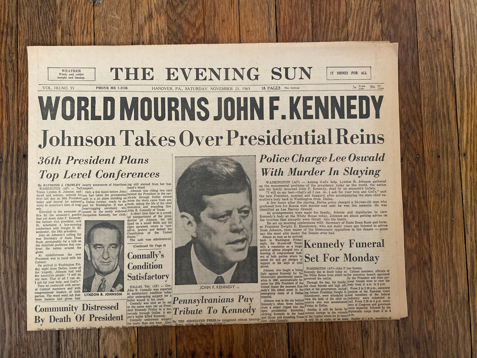 Nov 23 1963 Hanover, Pennsylvania Newspaper- Kennedy JFK Assassination ...
