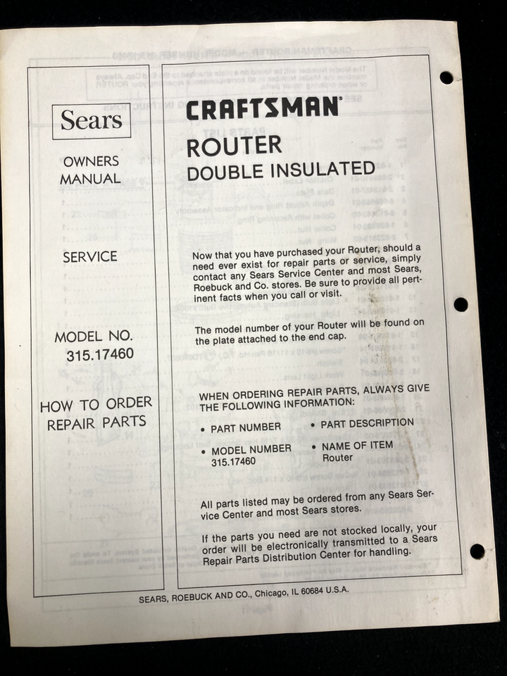 1980 SEARS CRAFTSMAN ROUTER 315.17460 OWNER'S MANUAL & PARTS LIST | eBay