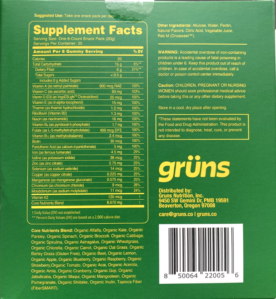 Gruns Sugar Free - SuperFoods Greens Gummies, Sweet Taste - 240 Gummies ...