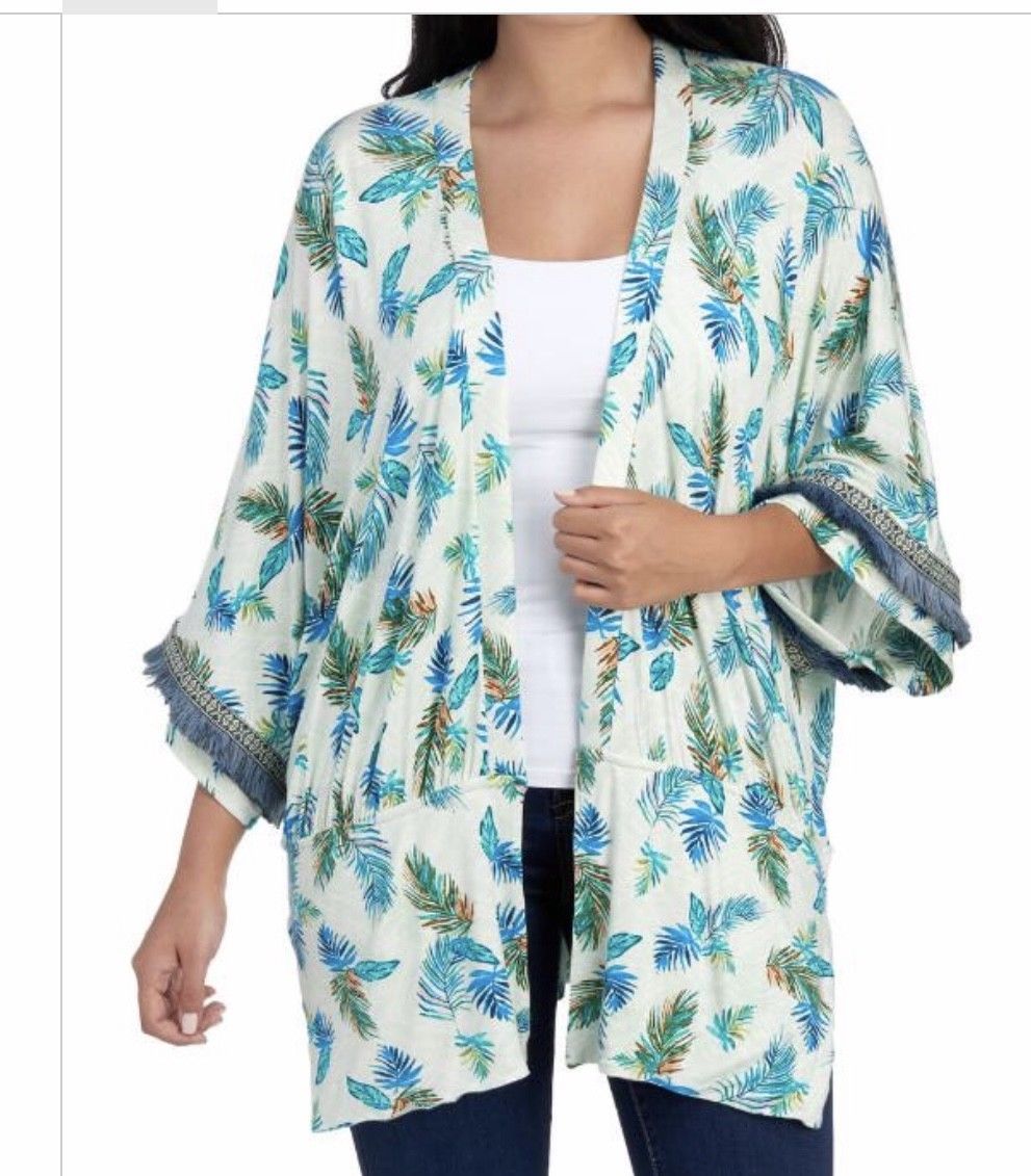RXB Open Front Cardigan Kimono Stretchy 2X Turquoise Cover Up Tropical ...