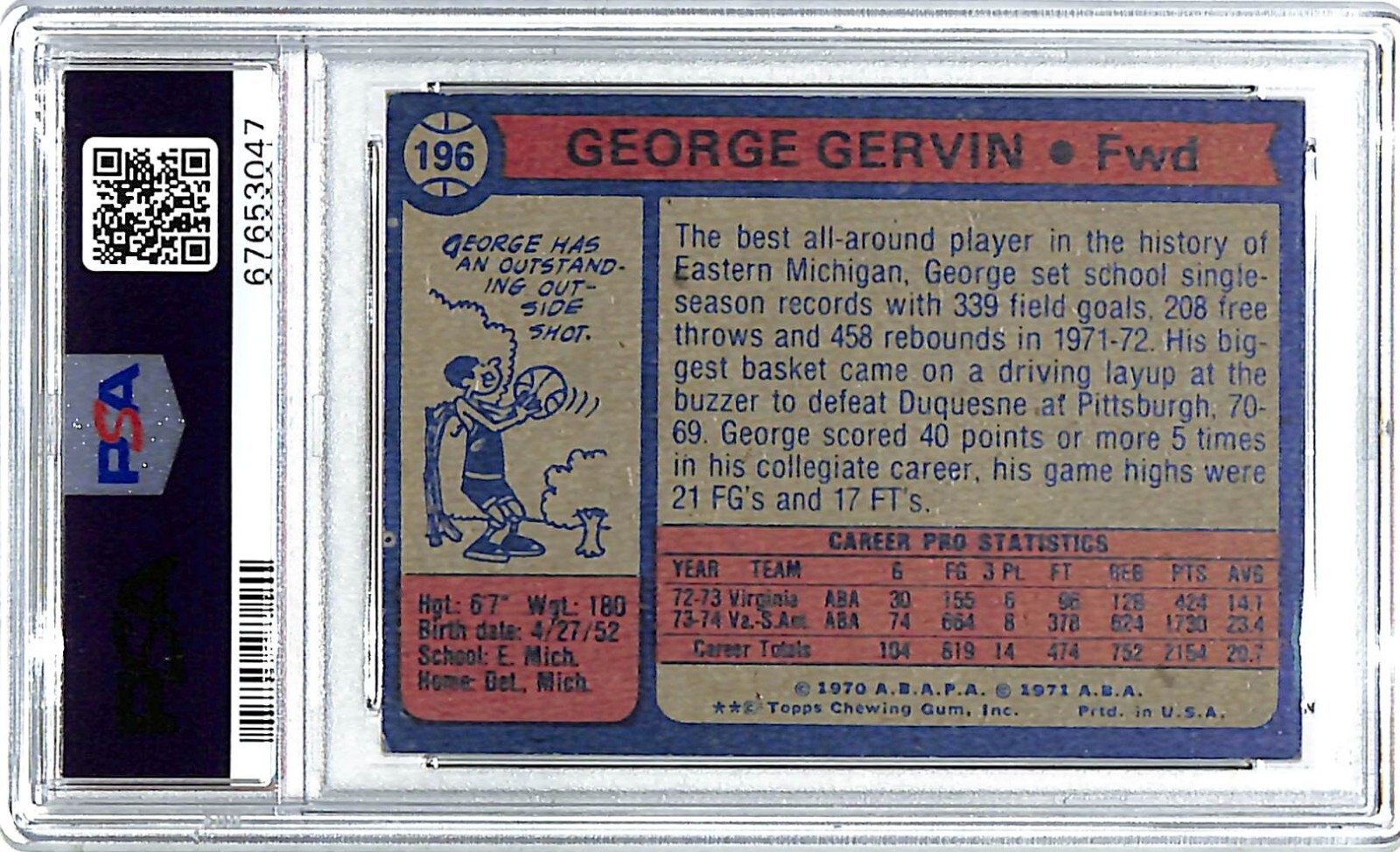1974 Topps GEORGE GERVIN Signed Spurs Rookie RC #196 Auto Graded PSA ...