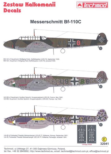 Techmod Decals 1/32 MESSERSCHMITT Bf-110C with Masks | eBay