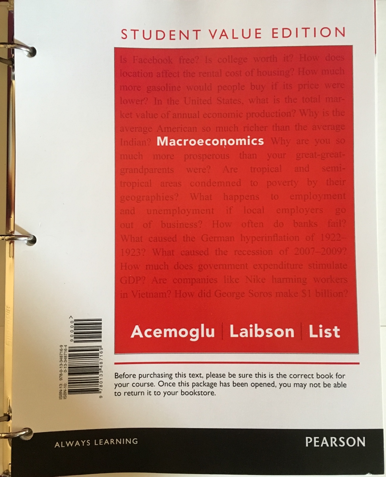Macroeconomics by Acemoglu, Laibson, List - LIKE NEW w/ binder ...