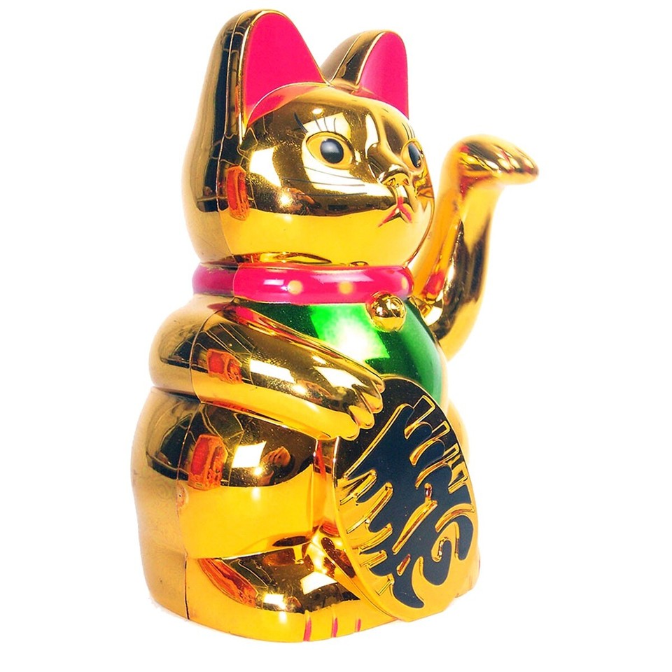 Chinese Lucky Waving Gold Cat Figure with Moving Arm Maneki Neko Feng ...