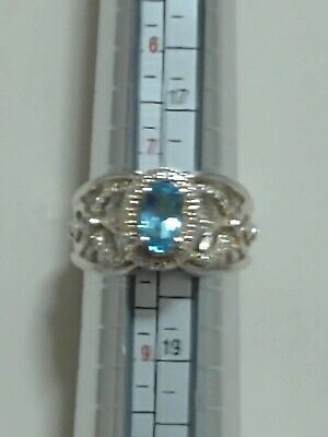 STAMPED KYJ 925 CHINA STERLING SILVER VINTAGE BLUE OVAL TOPAZ RING SIZE ...