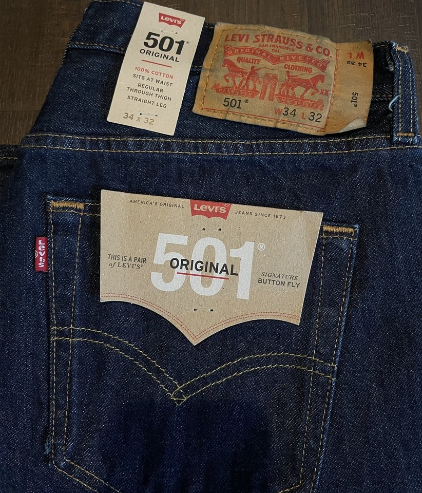 New Men's Levi's 501 Button Fly Original Fit Dark Wash Blue Jeans ...
