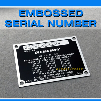 1950 1951 MERCURY PATENTS DATA TAG PLATE embossed stamped with your ...
