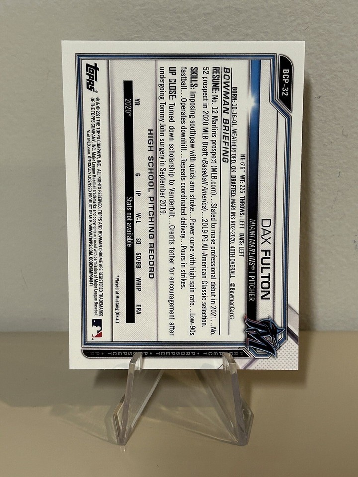 2022 MLB Bowman Chrome Prospect Dax Fulton #BCP-32 Miami Marlins | eBay